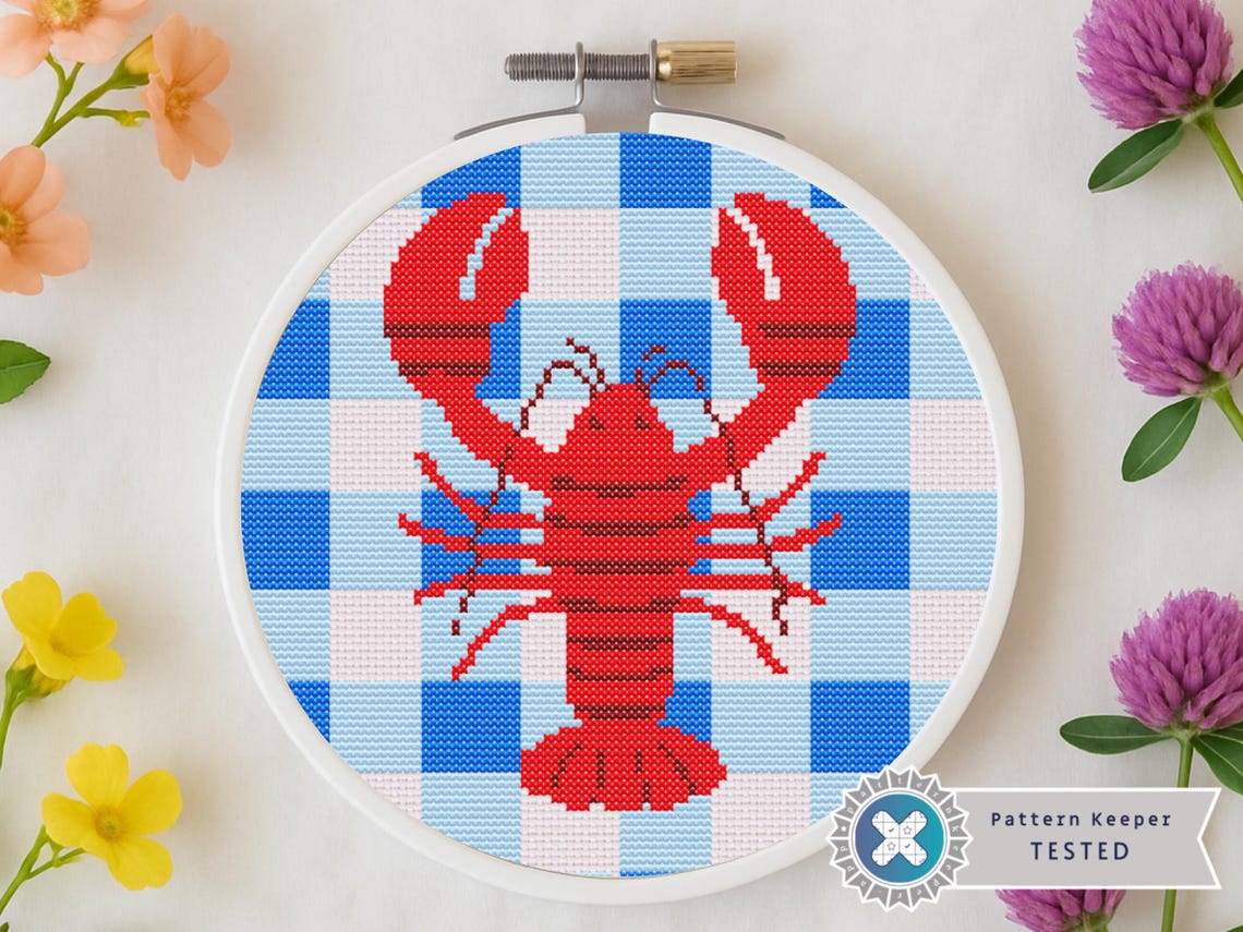 Lobster Cross Stitch Pattern PDF – Coastal Kitchen Decor, Blue Gingham ...