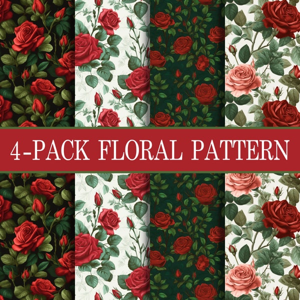Red and Green Floral Digital Paper, Repeating Pattern, Vintage ...