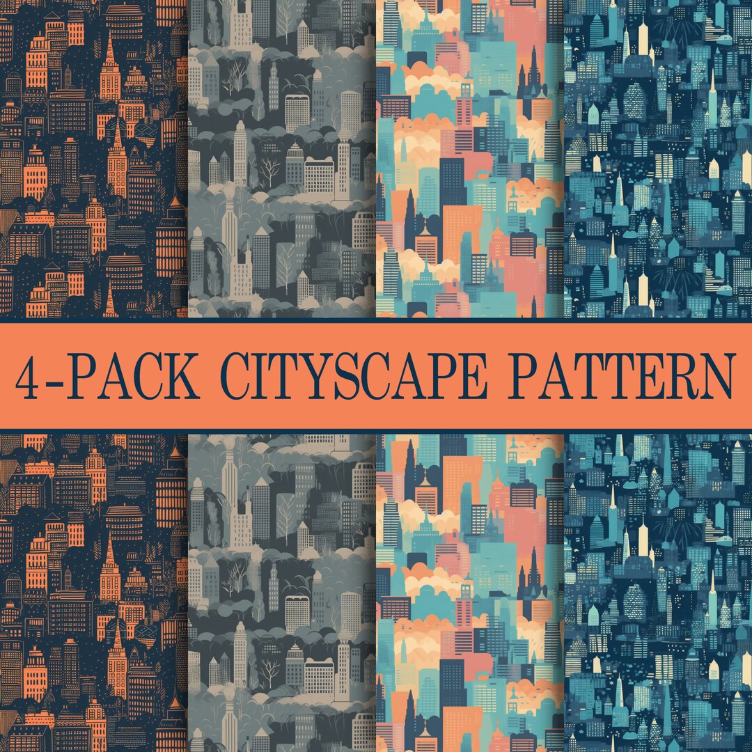 4-PACK Cityscape Digital Paper, Repeating Pattern, Scrapbook Paper ...