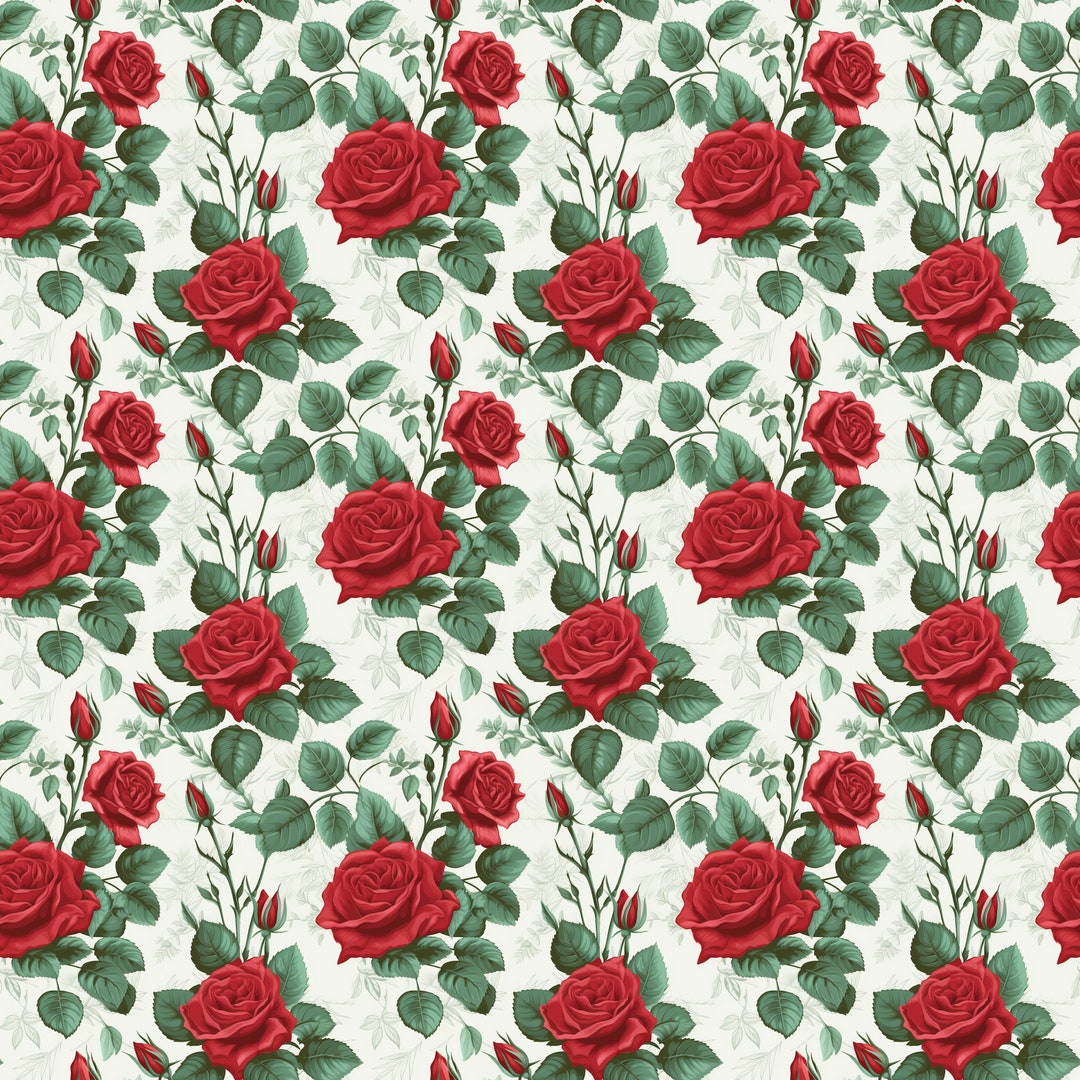 Red and Green Floral Digital Paper, Repeating Pattern, Vintage ...
