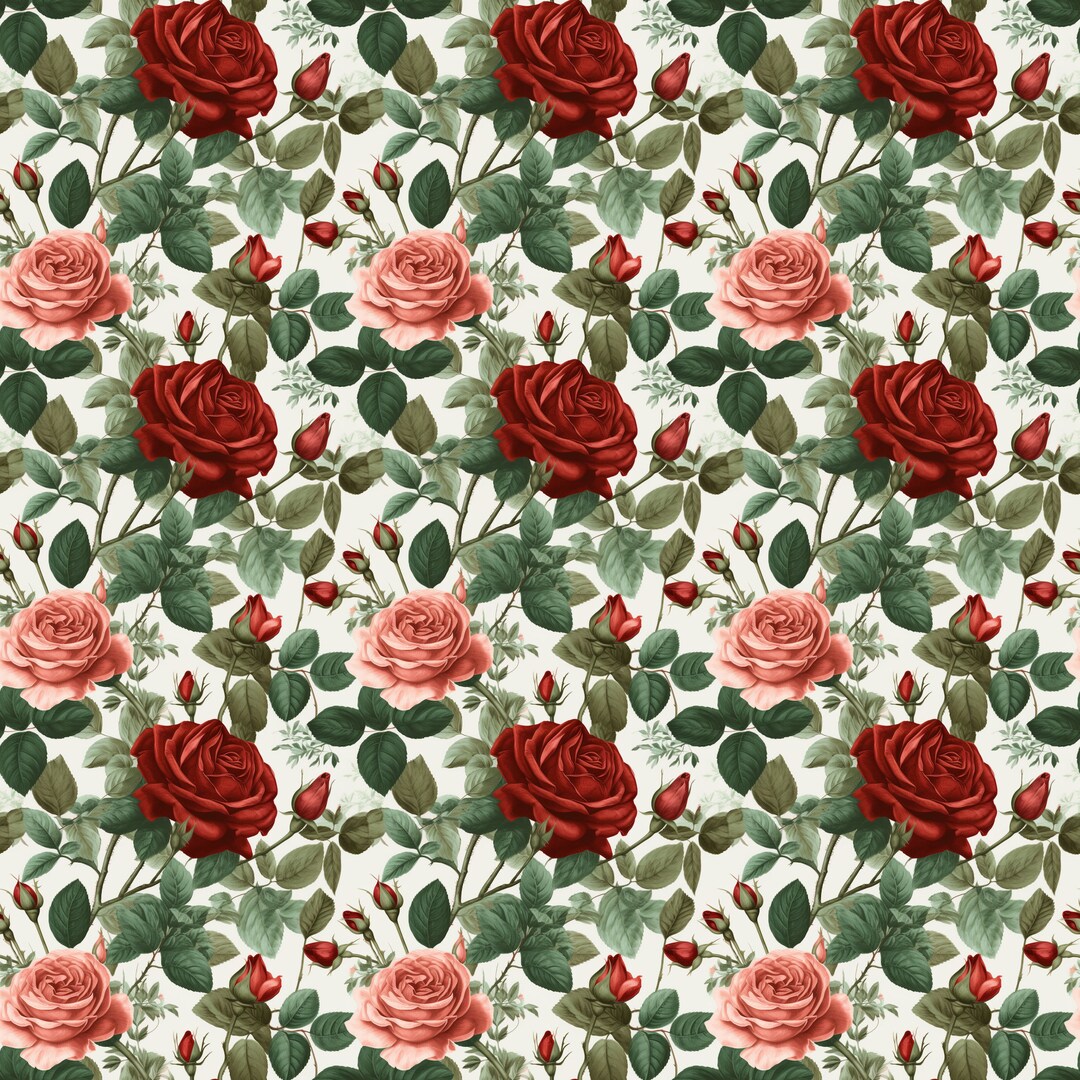 Red and Green Floral Digital Paper, Repeating Pattern, Vintage ...