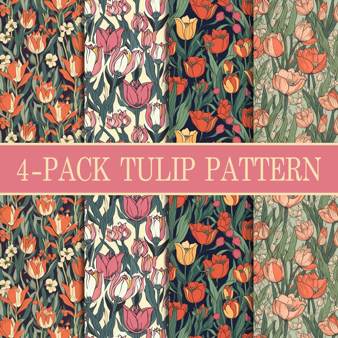 4-PACK Tulip Floral Digital Paper, Repeating Pattern, Vintage Scrapbook ...