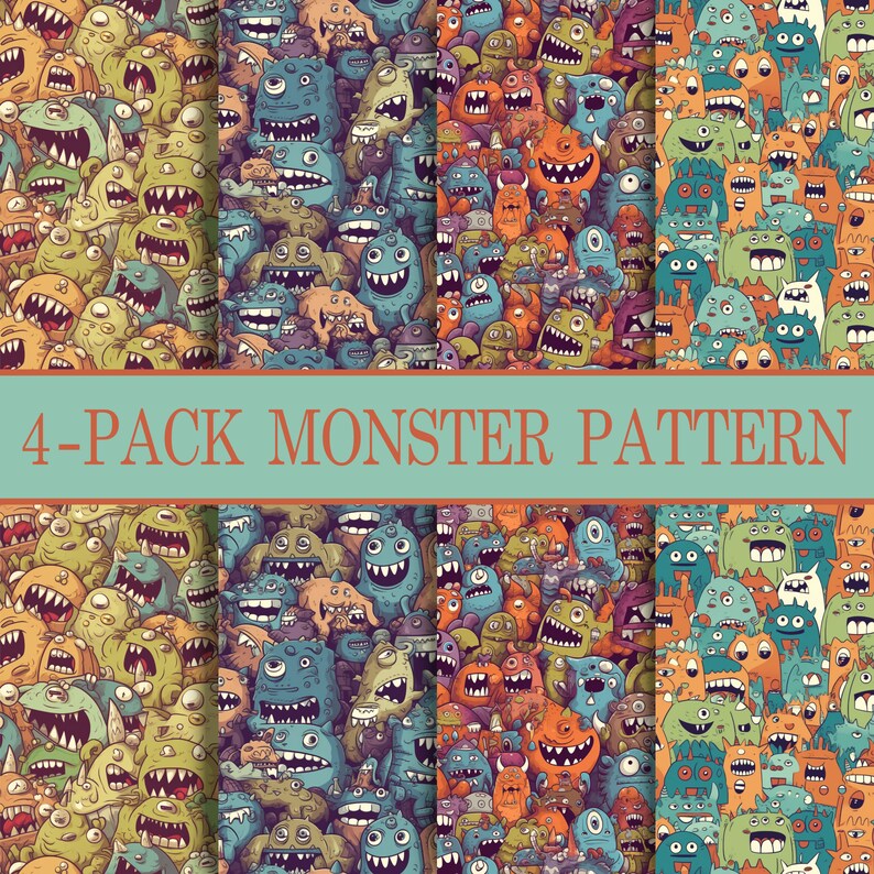 4-PACK Cartoon Monster Digital Paper, Repeating Pattern, Scrapbook ...