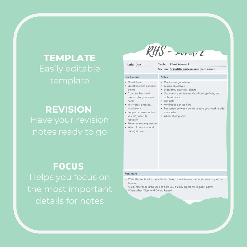 RHS Level 2 Horticulture Digital Cornell Revision Notes Template for ...