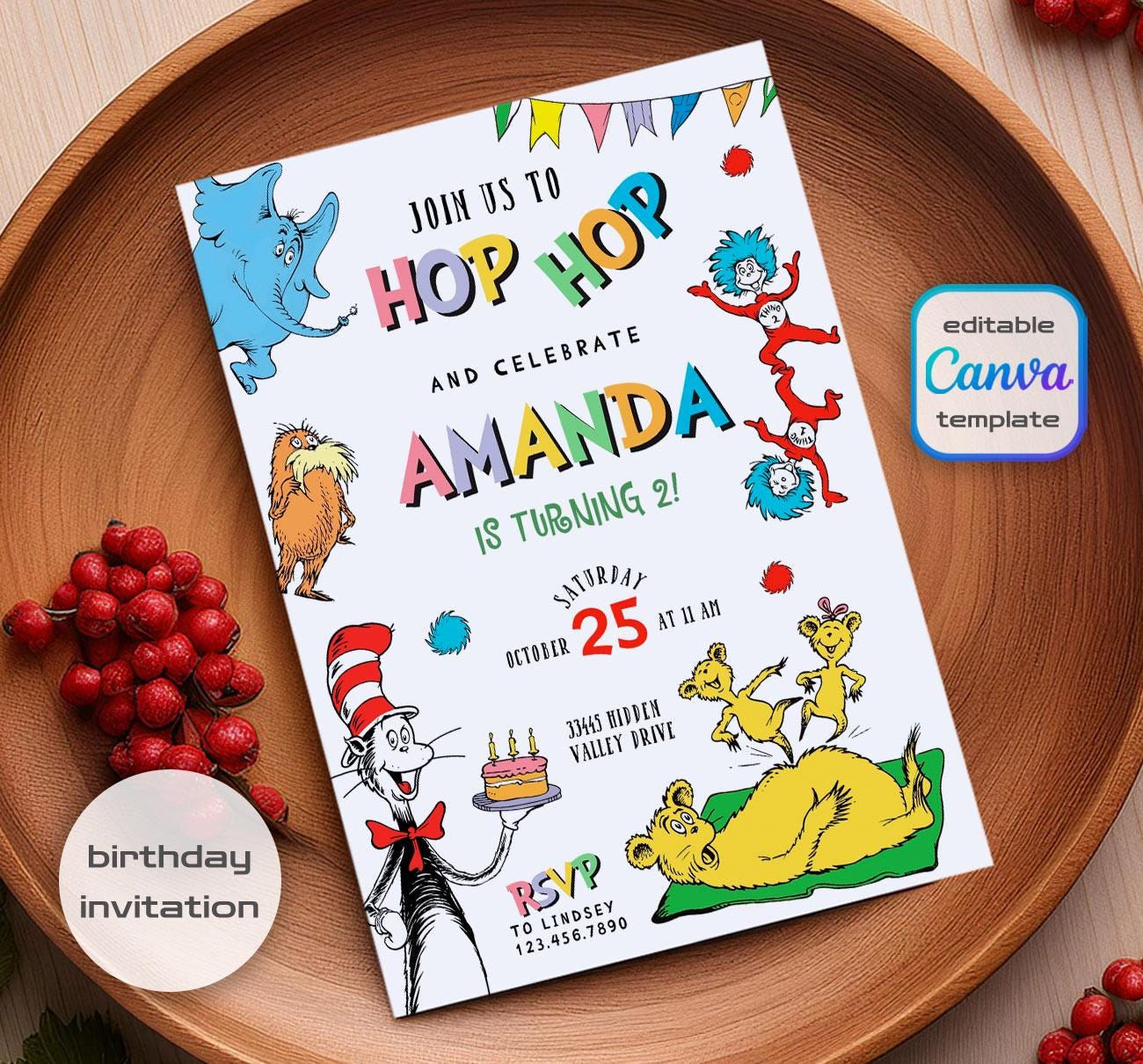 Dr Seuss Birthday Invitation, Printable Fairytale Invite, Editable Cat ...