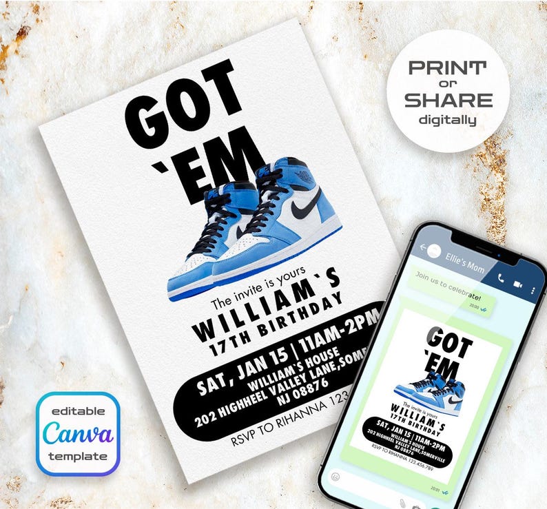 Sneaker Bash Birthday Party Printable Invitation, Printable Birthday ...