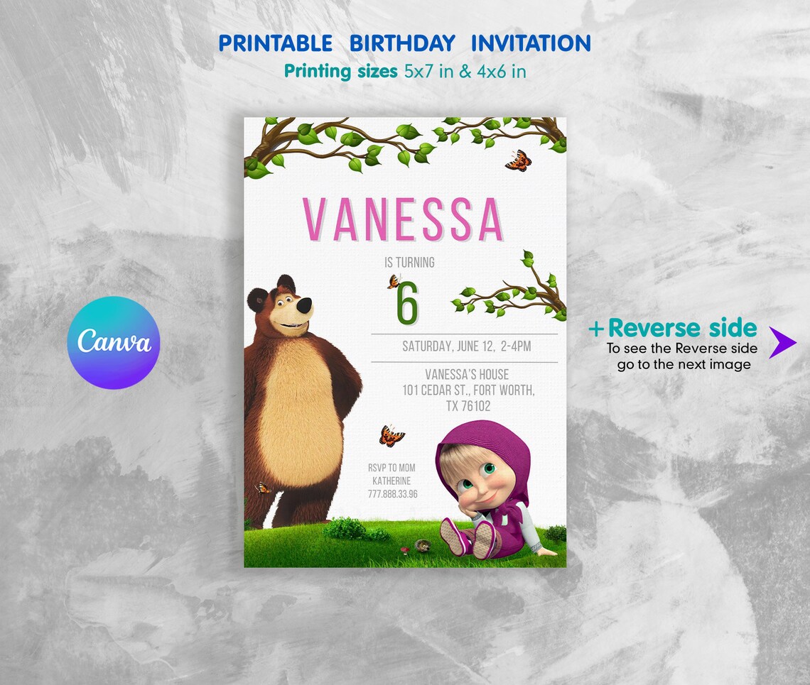 Birthday Invite Girl, Masha and Bear Invite, Editable Masha Invitation ...