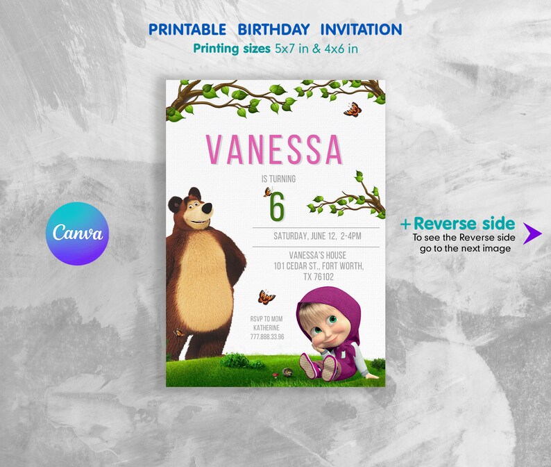 Birthday Invite Girl, Masha and Bear Invite, Editable Masha Invitation ...