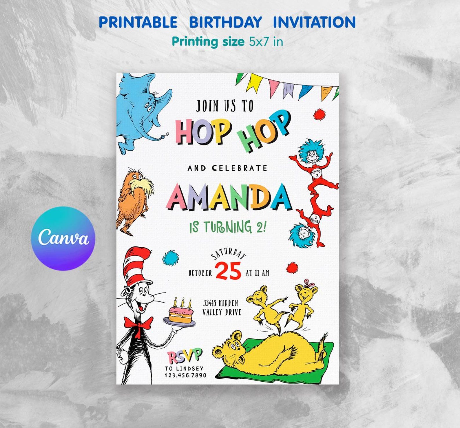 Dr Seuss Birthday Invitation, Printable Fairytale Invite, Editable Cat ...