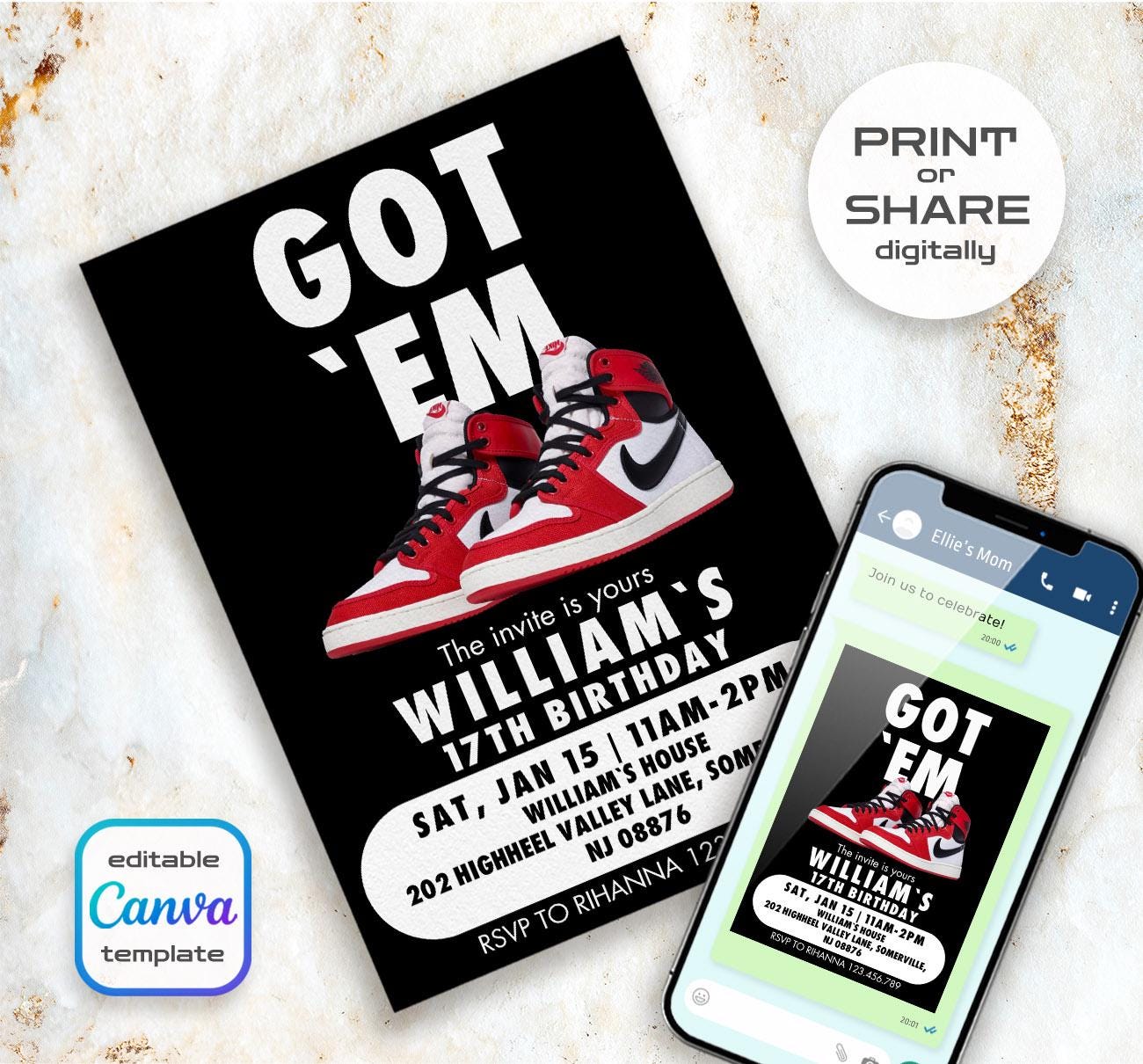 Sneaker Bash Birthday Party Printable Invitation, Printable Birthday ...