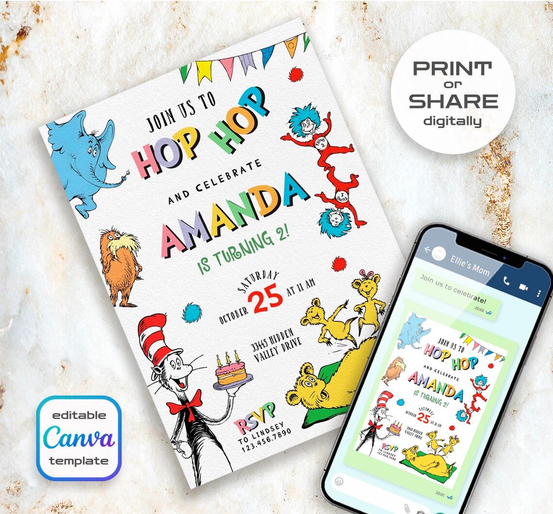 Dr Seuss Birthday Invitation, Printable Fairytale Invite, Editable Cat ...