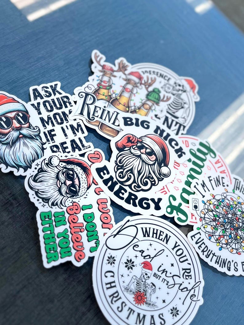 Funny Christmas Stickers – Vinyl Die Cut, Waterproof, 8 Holiday Designs ...