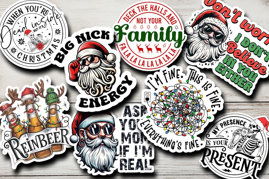 Funny Christmas Stickers – Vinyl Die Cut, Waterproof, 8 Holiday Designs ...