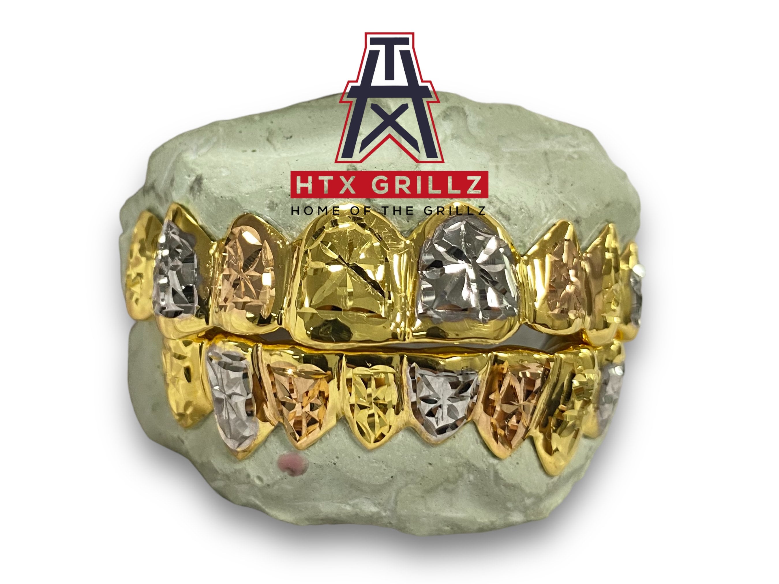 Custom Solid 3 Tone Diamond Cut Starburst Window Gold Grillz 16 Teeth ...