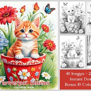40 Cat Coloring Pages, Flowerpot Kittens Grayscale Coloring Book ...