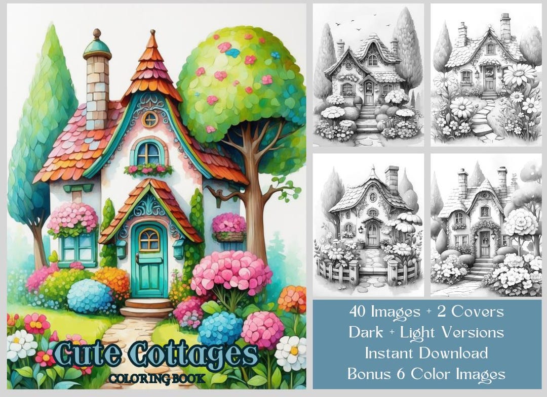 Cottages Grayscale Coloring Book, 40 Fantasy Houses (printable PDF) - Etsy