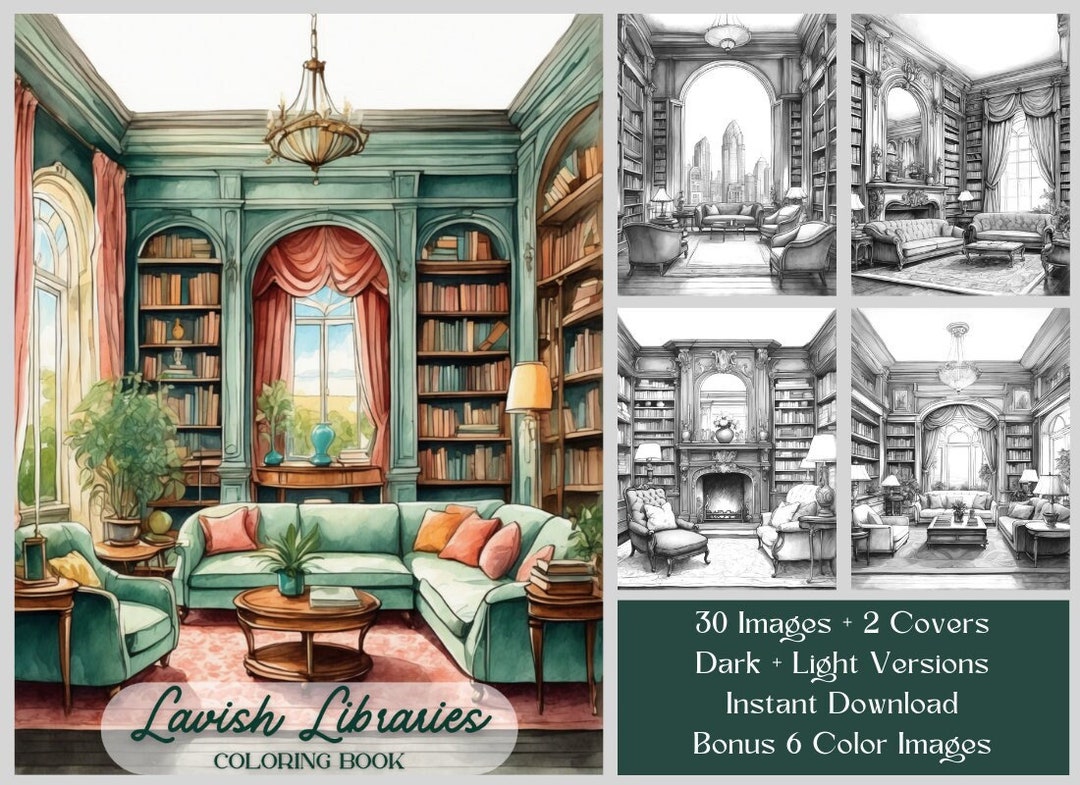 30 Library Coloring Pages, Lavish Libraries Coloring Book, Adult ...
