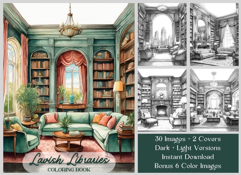 30 Library Coloring Pages, Lavish Libraries Coloring Book, Adult ...