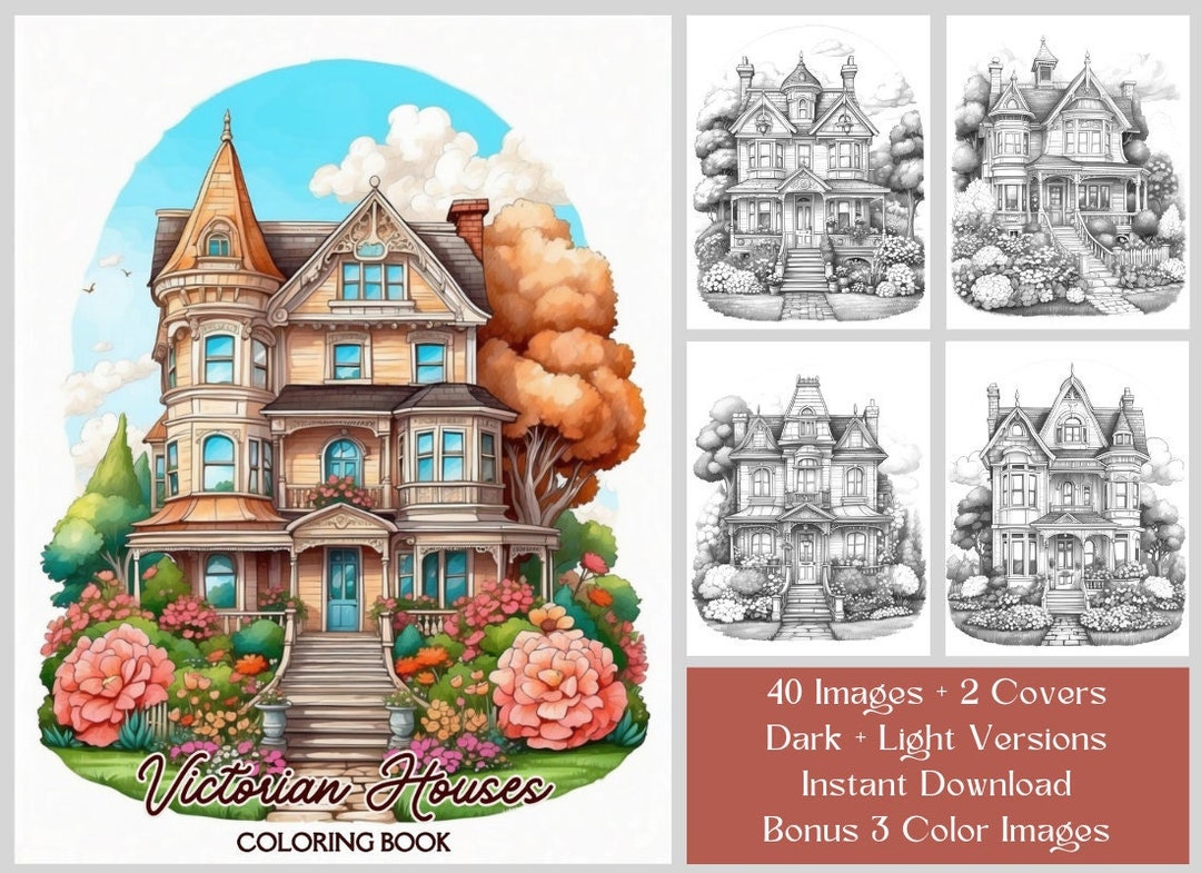 40 House Coloring Pages, Cute Victorian Manor Houses, Grayscale ...