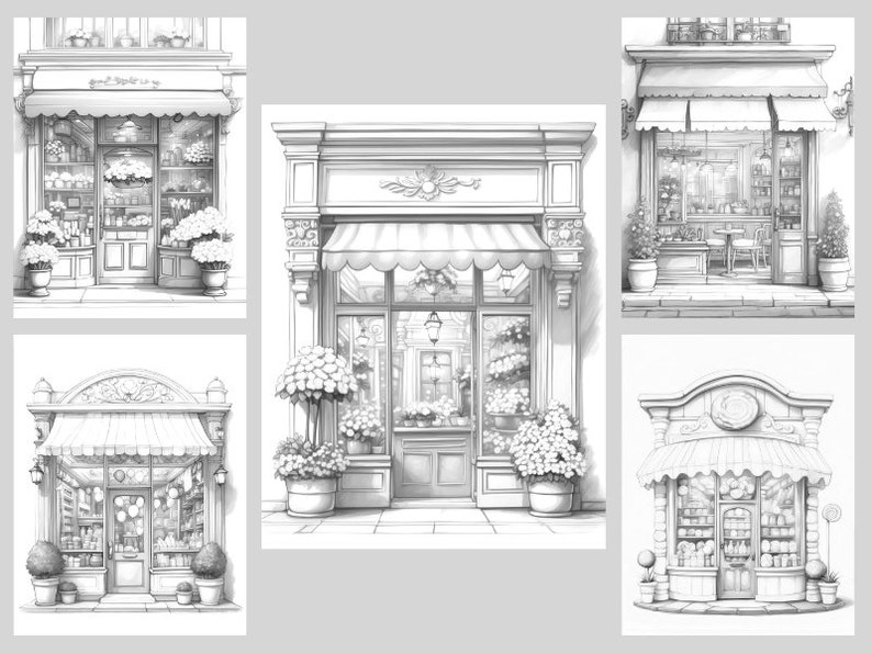 40 Storefront Coloring Pages - Bookstore, Flower Shop, Candy Shop, Cafe ...