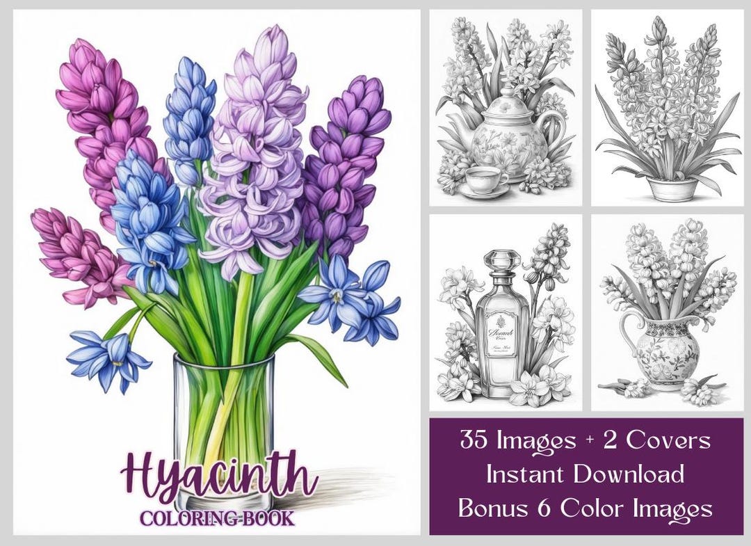 35 Flower Coloring Pages, Hyacinth Flowers Coloring Book, Grayscale ...