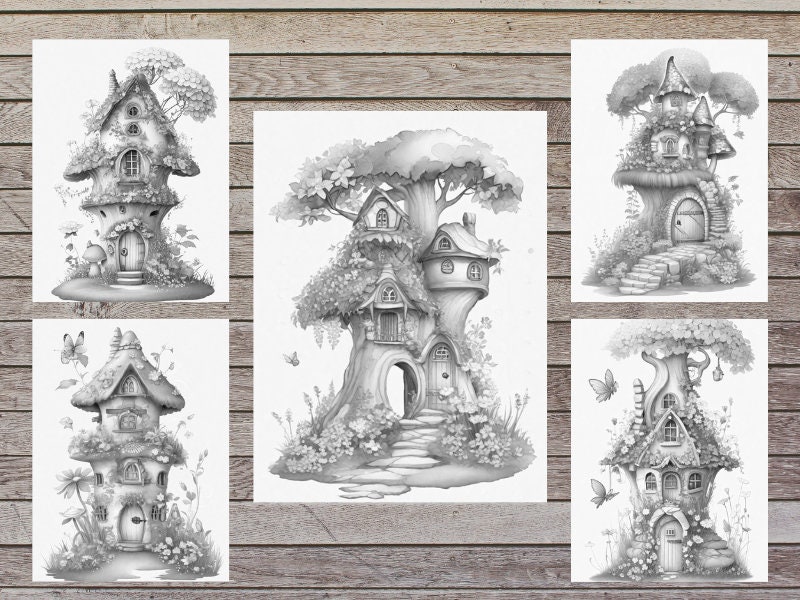 50 Fairy Houses Coloring Pages, Magical Fairy Houses, Grayscale Fairy ...