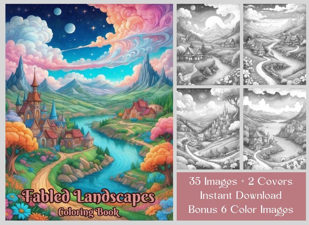 Fantasy Landscape Coloring Pages: 35 Grayscale Designs (printable PDF ...