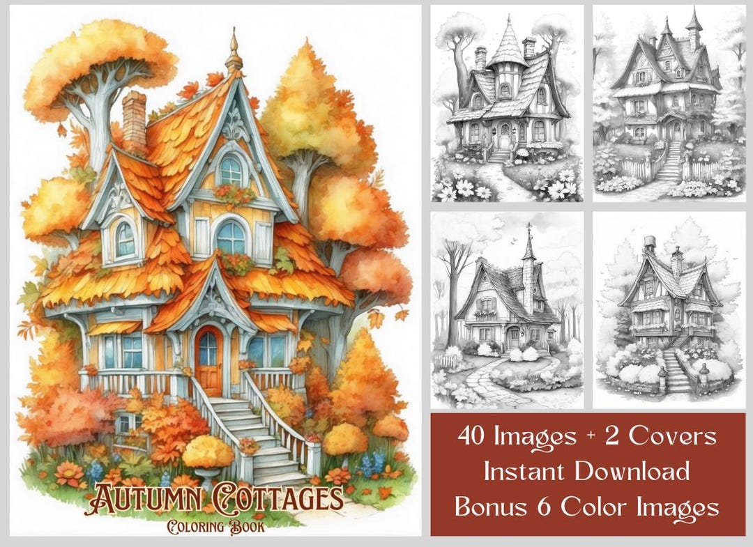 40 Cottage Coloring Pages, Cozy Cute Cottages Grayscale Coloring Book ...