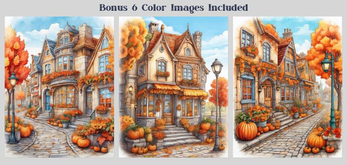 50 Autumn Villages Coloring Pages, Cozy Village Grayscale Coloring Book ...