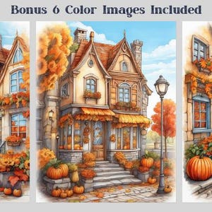 50 Autumn Villages Coloring Pages, Cozy Village Grayscale Coloring Book ...