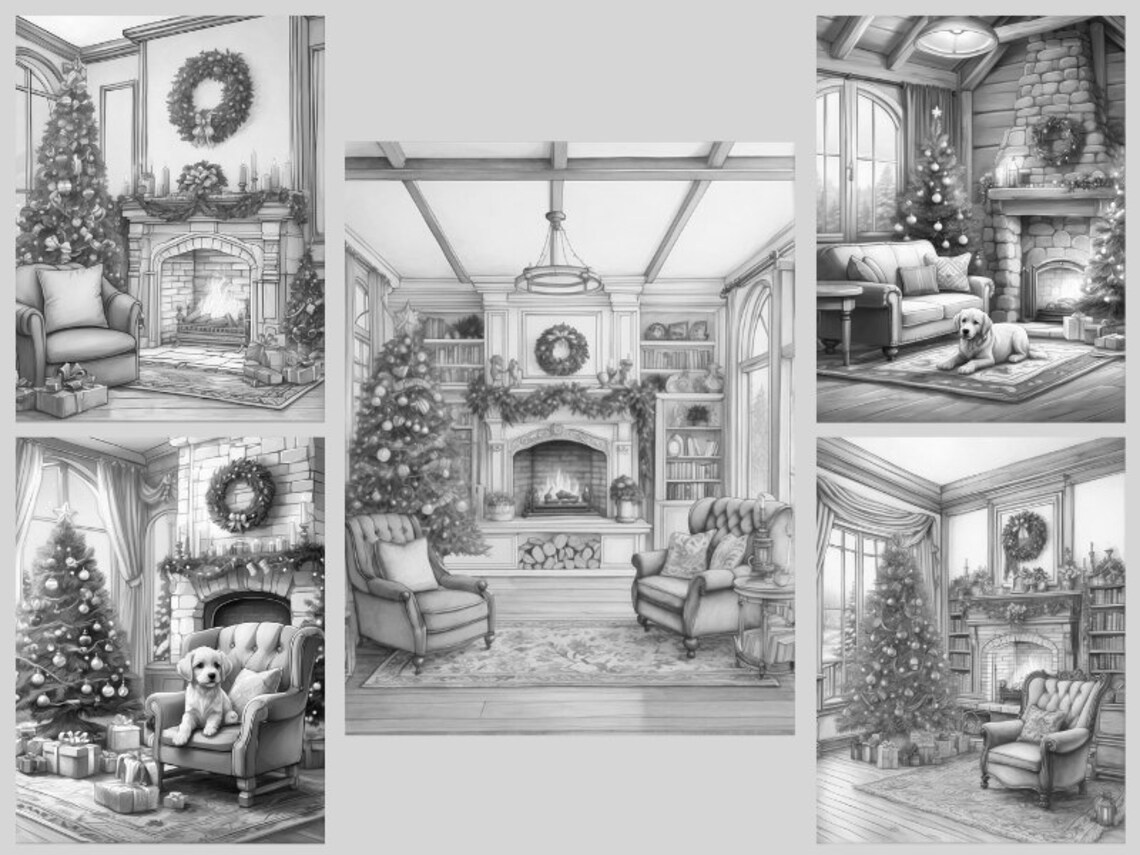 30 Christmas Cottage Interiors- Fantasy Christmas Rooms Coloring Book ...