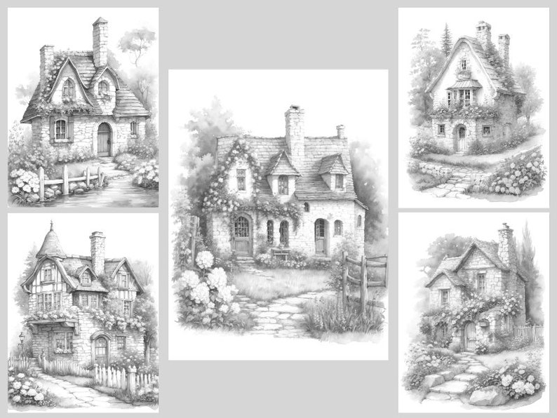 40 Cottages Coloring Book Storybook Fairytale Cottages Fantasy House ...