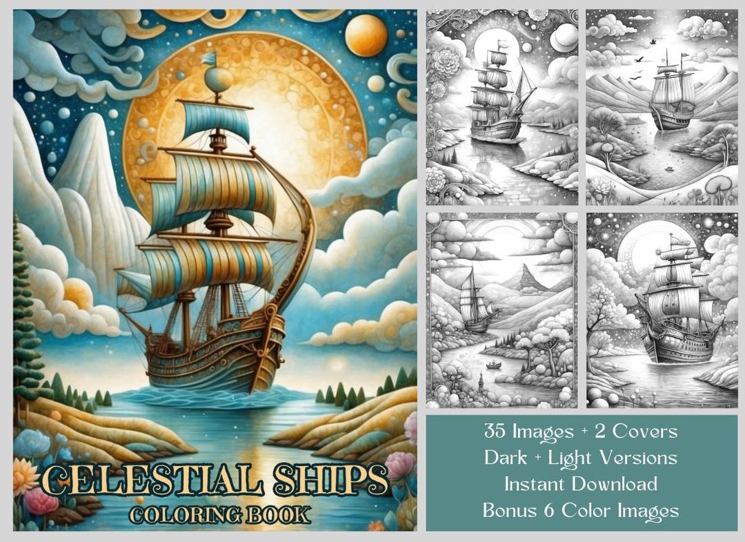 35 Fantasy Coloring Pages, Dreamy Celestial Ships Coloring Book PDF ...