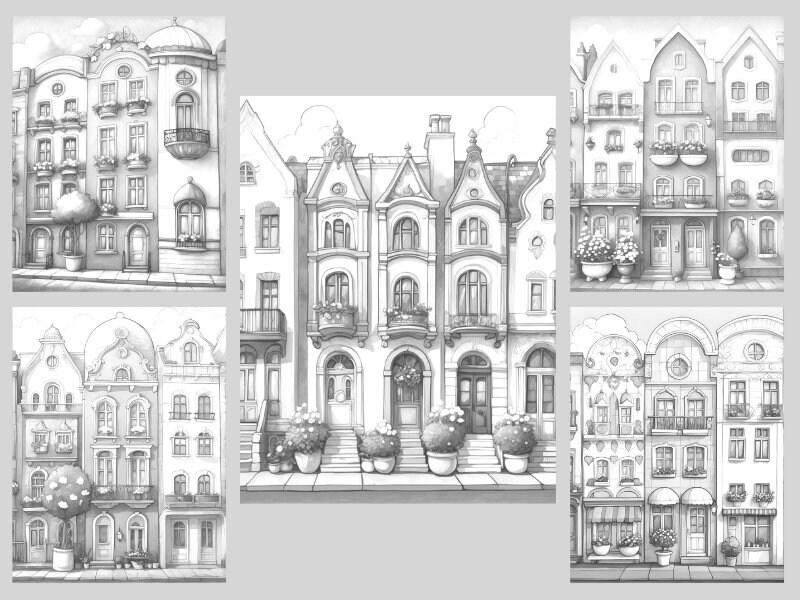 40 Cute Townhouse House Coloring Book Printable PDF Fantasy City House ...