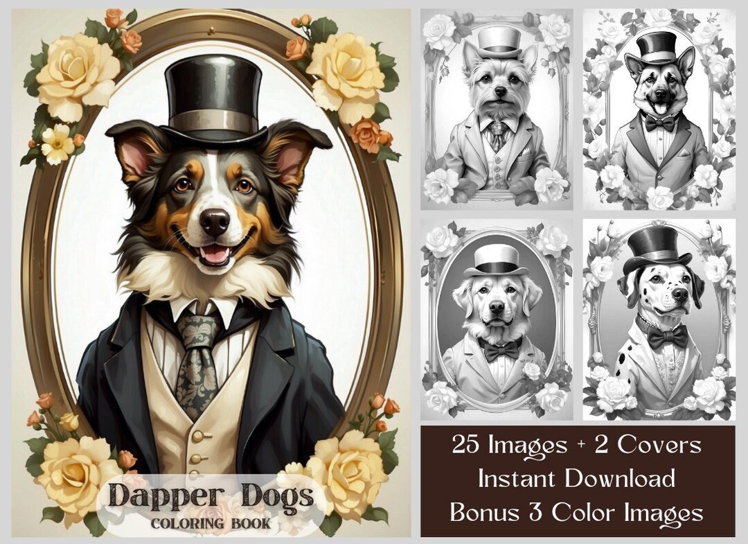 25 Dogs Coloring Pages - Dapper Dogs Coloring Book PDF - Grayscale ...