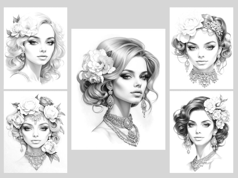 40 Beautiful Women Coloring Pages, Adult Grayscale Coloring Book PDF ...