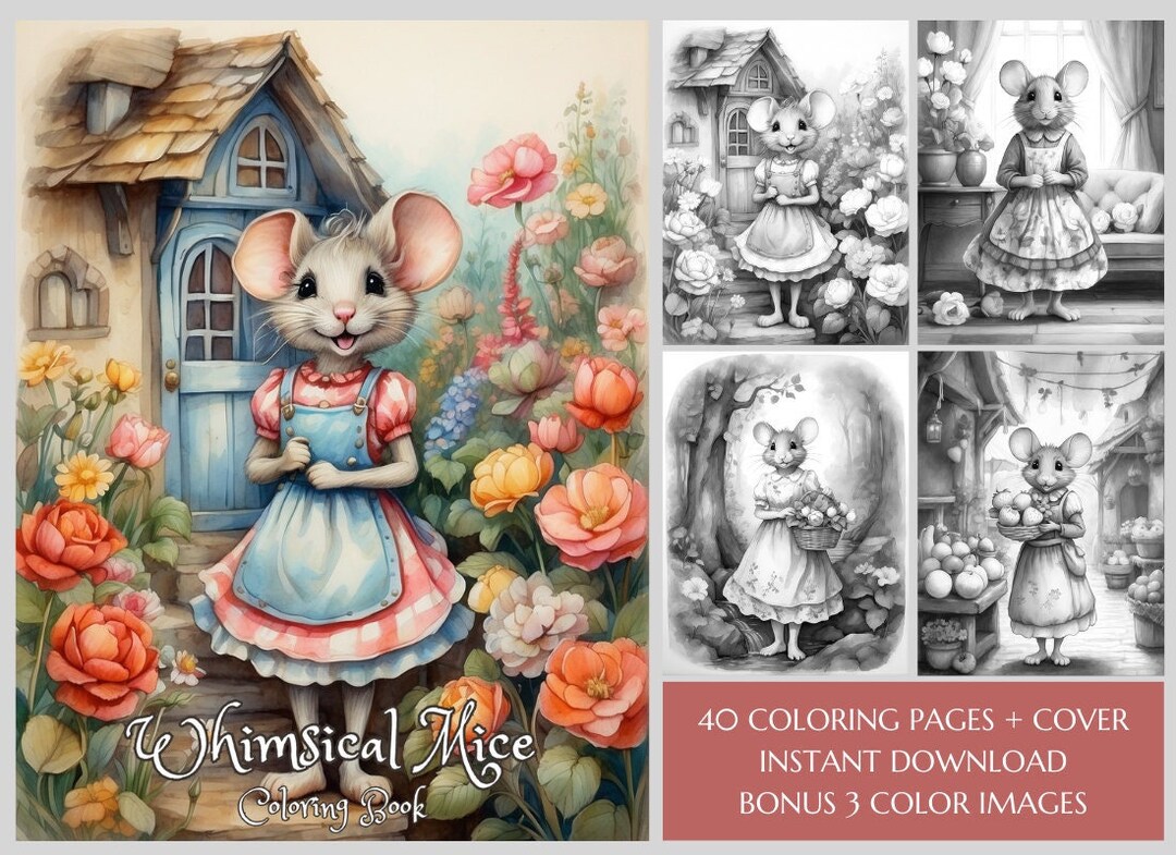 40 Mice Coloring Pages - Fantasy Mouse Coloring Book - Cottage, Flowers ...