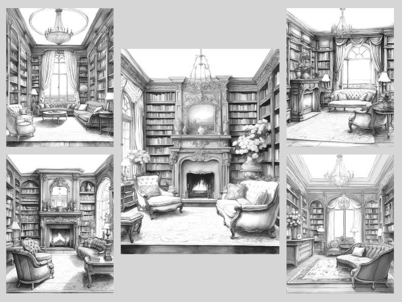 30 Library Coloring Pages, Lavish Libraries Coloring Book, Adult ...