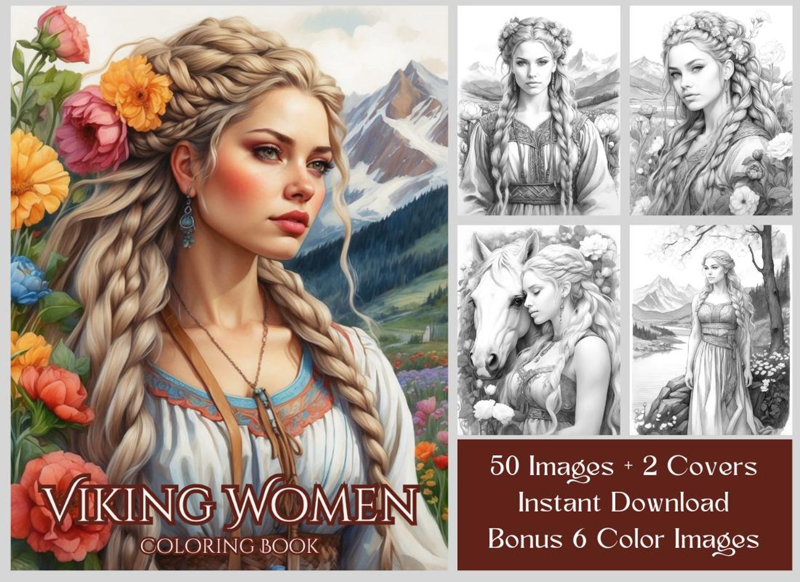 50 Viking Women Grayscale Coloring Book, Printable Adult Coloring Pages ...
