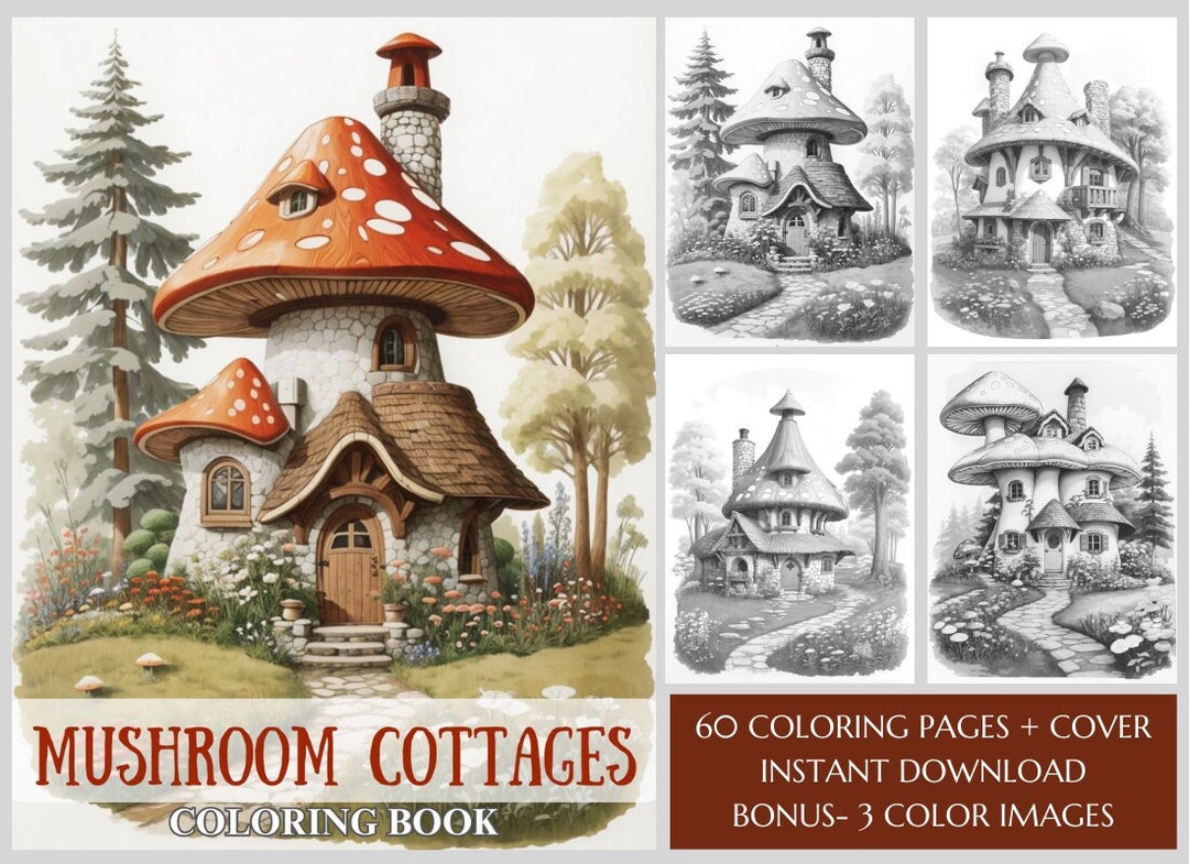 60 Mushroom Houses Coloring Book Gnome Houses Coloring Book PDF ...