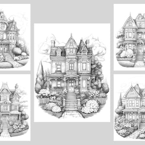 40 House Coloring Pages, Cute Victorian Manor Houses, Grayscale ...