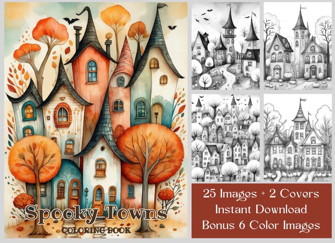 25 Spooky Towns Coloring Pages, Spooky Halloween Villages Coloring Book ...