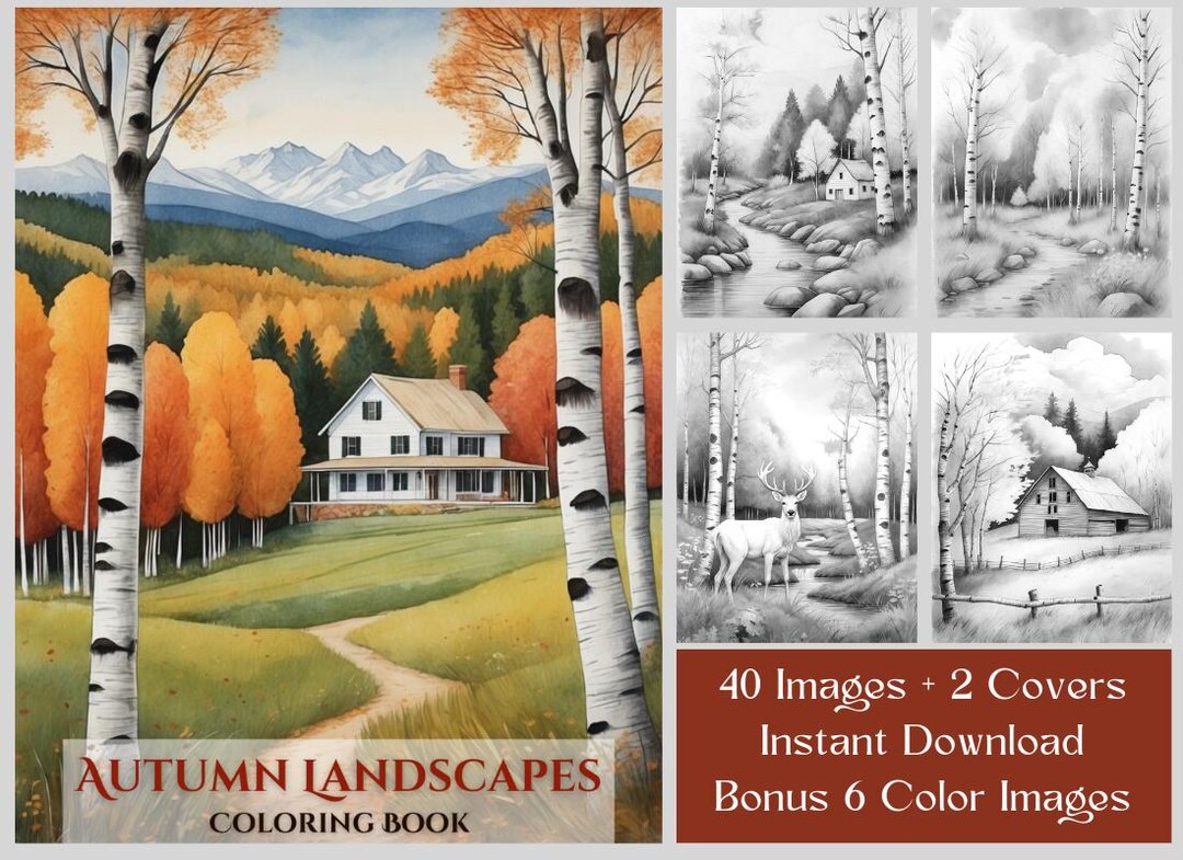 40 Landscape Coloring Pages, Autumn Landscapes Coloring Book, Printable ...