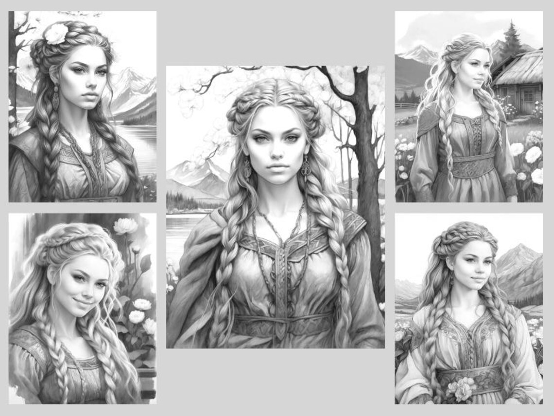 50 Viking Women Grayscale Coloring Book, Printable Adult Coloring Pages ...