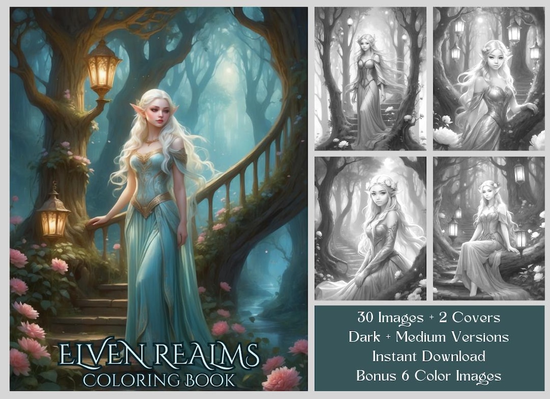 Elven Realms Coloring Book: 30 Fantasy Grayscale Elves Adult Coloring ...