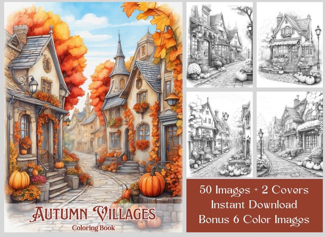 50 Autumn Villages Coloring Pages, Cozy Village Grayscale Coloring Book ...