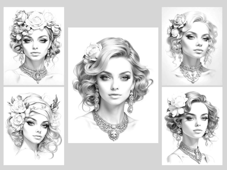 40 Beautiful Women Coloring Pages, Adult Grayscale Coloring Book PDF ...