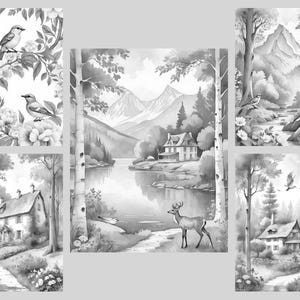 35 Landscape Coloring Pages, Printable Grayscale Nature Coloring Book ...