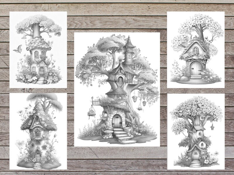 50 Fairy Houses Coloring Pages, Magical Fairy Houses, Grayscale Fairy ...