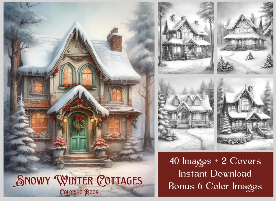 40 Christmas Cottages Coloring Pages, Snowy Winter Cottages Coloring ...